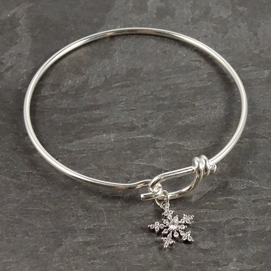 Silver Snowflake Bangle Bracelet, Pave CZ Charm, Christmas Gift Idea ...