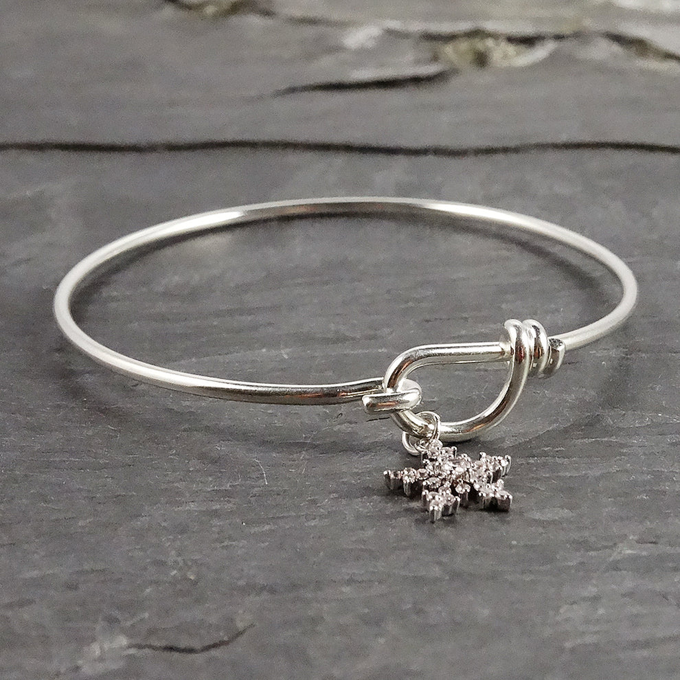 Silver Snowflake Bangle Bracelet, Pave CZ Charm, Christmas Gift Idea ...