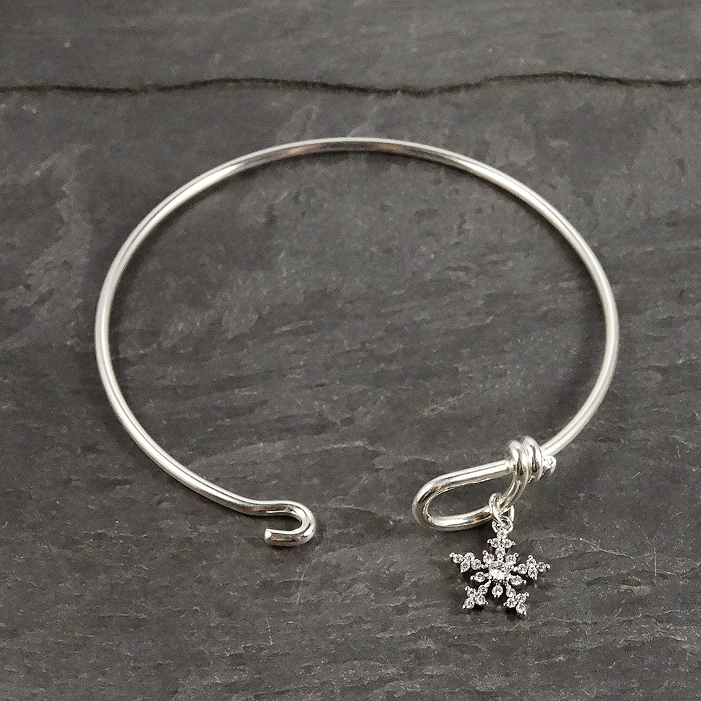 Silver Snowflake Bangle Bracelet, Pave CZ Charm, Christmas Gift Idea ...