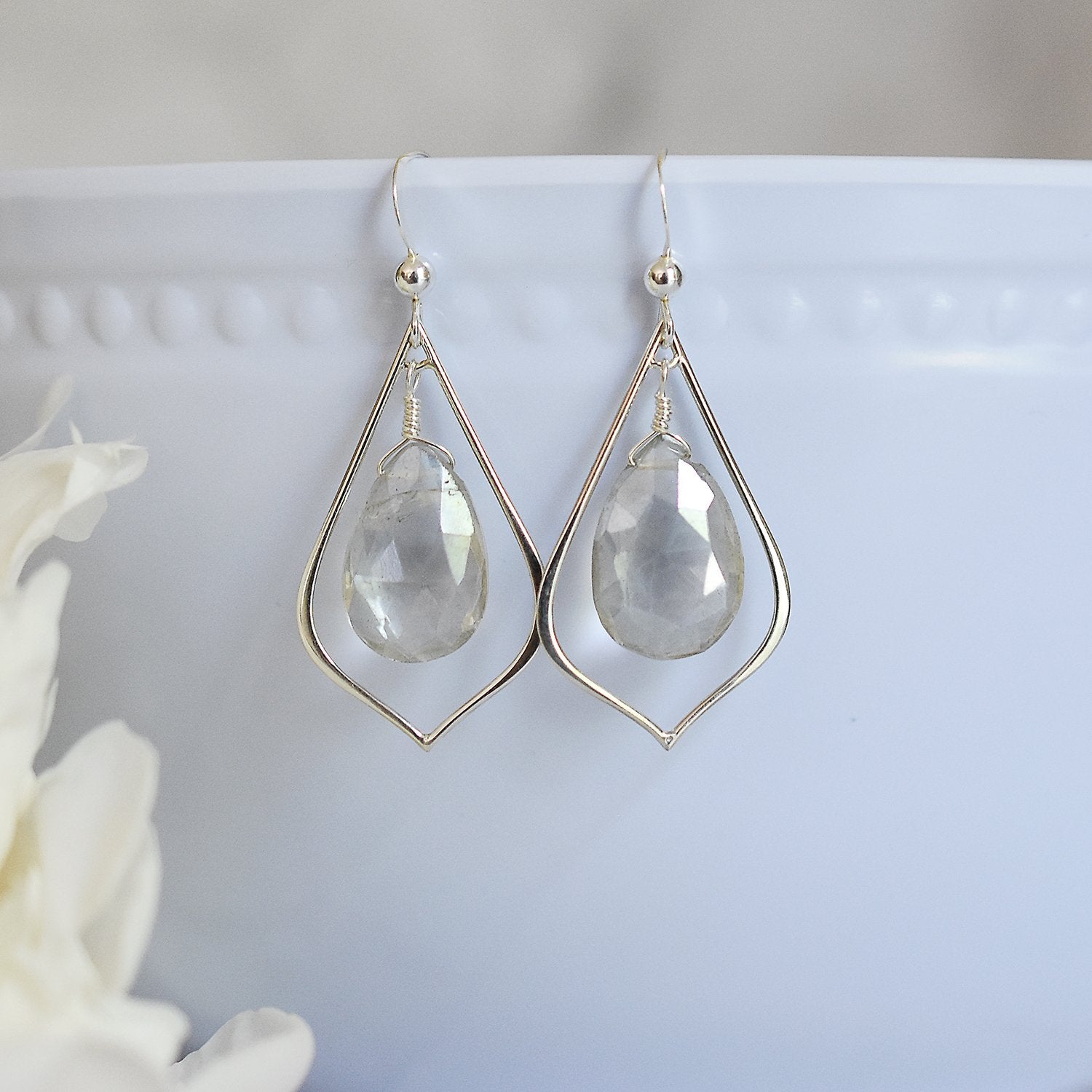 Sterling Silver Teardrop Earrings, Grey Quartz Jewelry, Hypoallergenic ...