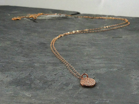 Long Rose Gold Necklace, CZ Pave & Rose Gold Plate Pendant, Simple ...