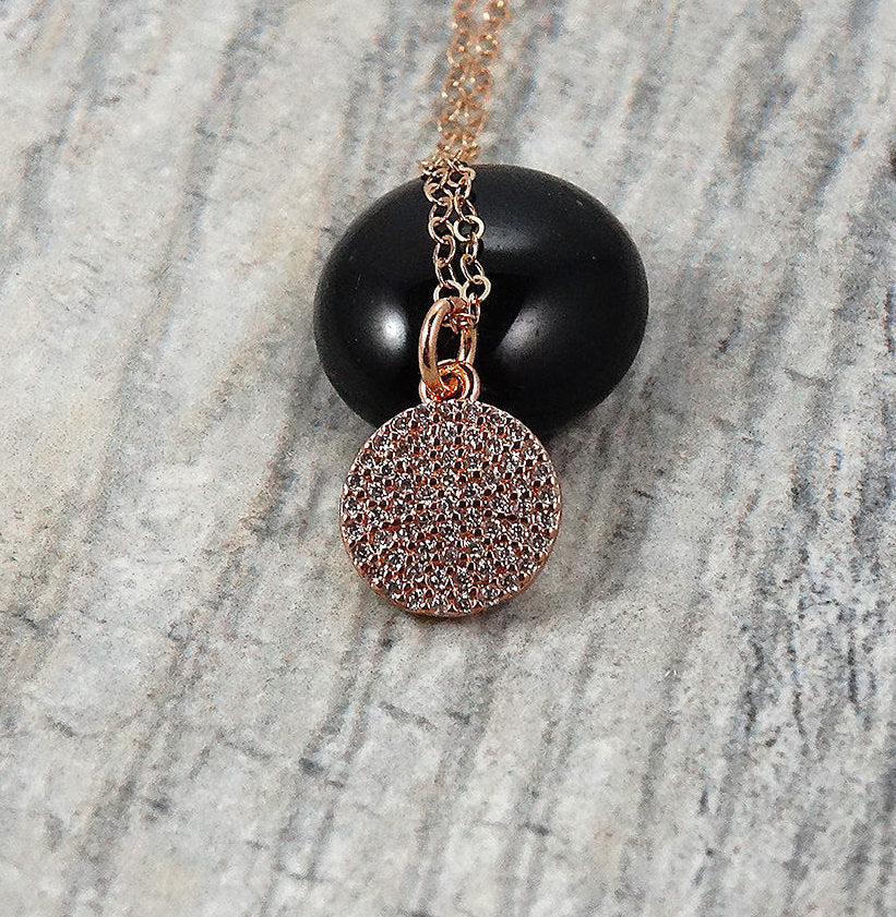 Long Rose Gold Necklace, CZ Pave & Rose Gold Plate Pendant, Simple ...